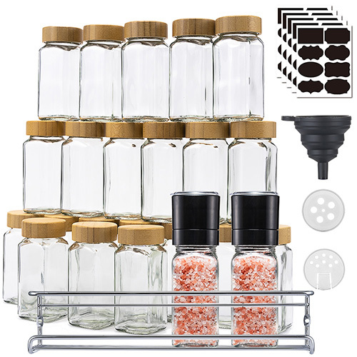 24 Pcs Spice Shaker Set | Square Glass Bottles | Bamboo Lid