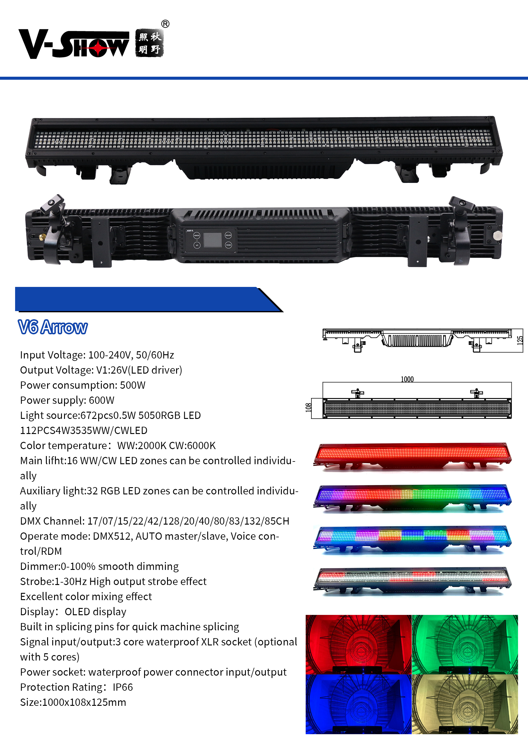 V-SHOW Arrow IP66 16pcs WW/CW LED zones 32pcs RGB LED zones strobe ...