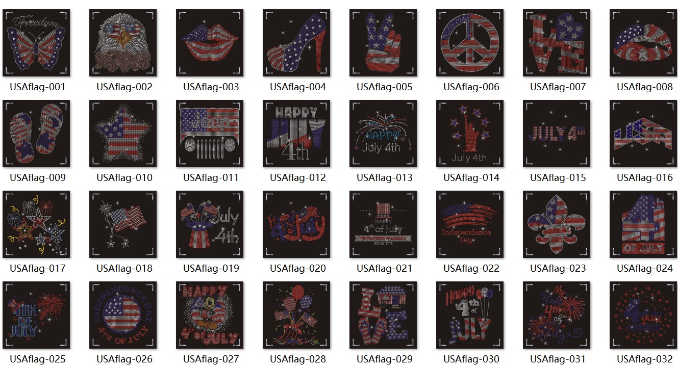 USA Flags Rhinestone Iron on Heat Transfers Designs