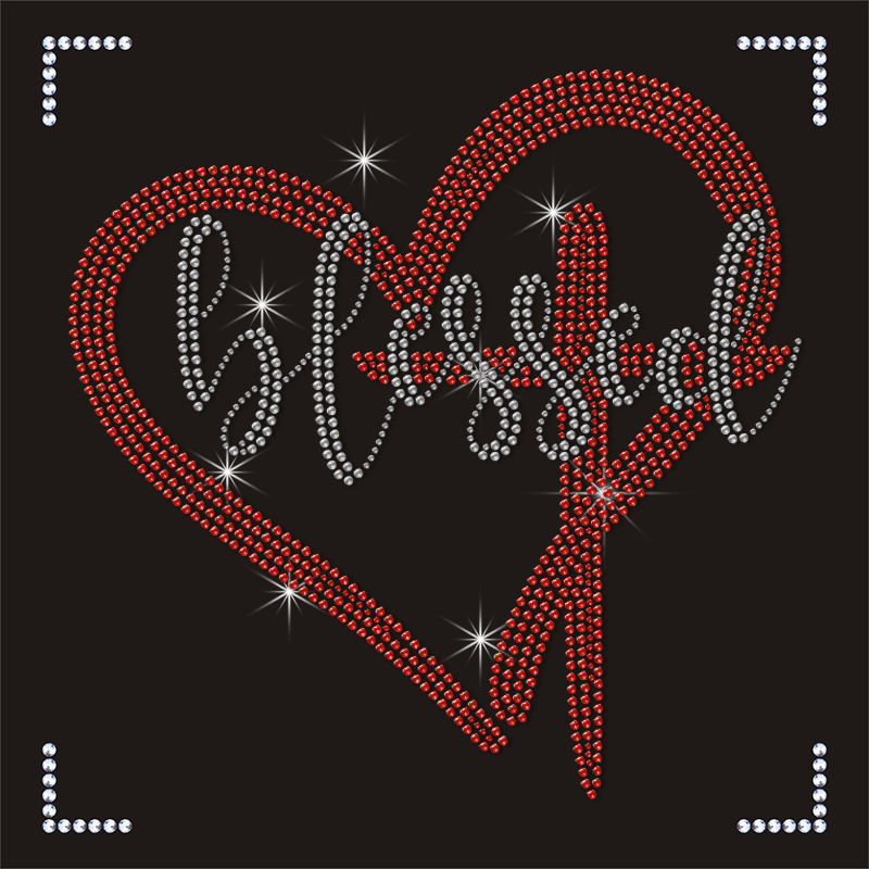 Blessed Iron on Heart Design Rhinestone Transfer