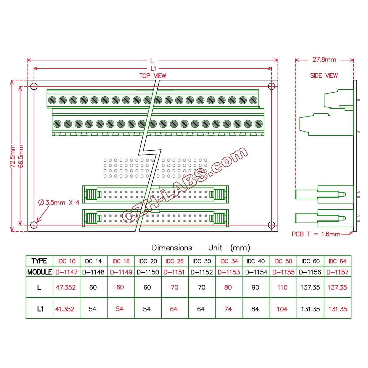 CZH-LABS DIN Rail Mount Dual IDC64 Pitch 2.54mm Male Header Interface ...