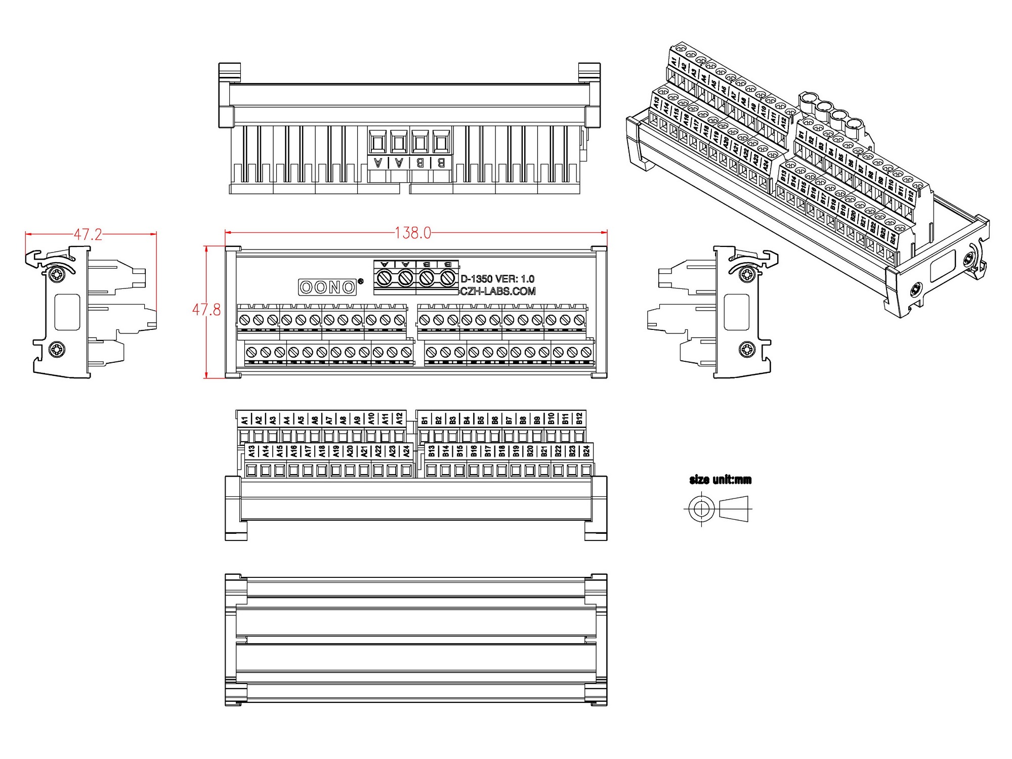 DIN Rail Mount 2x24 Position Screw Terminal Block Power Distribution Module