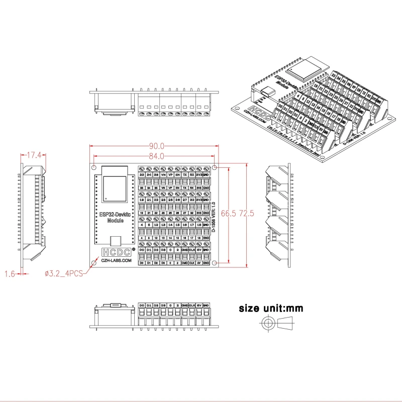 Screw Terminal Block Breakout Module Board for ESP32-DevKitC