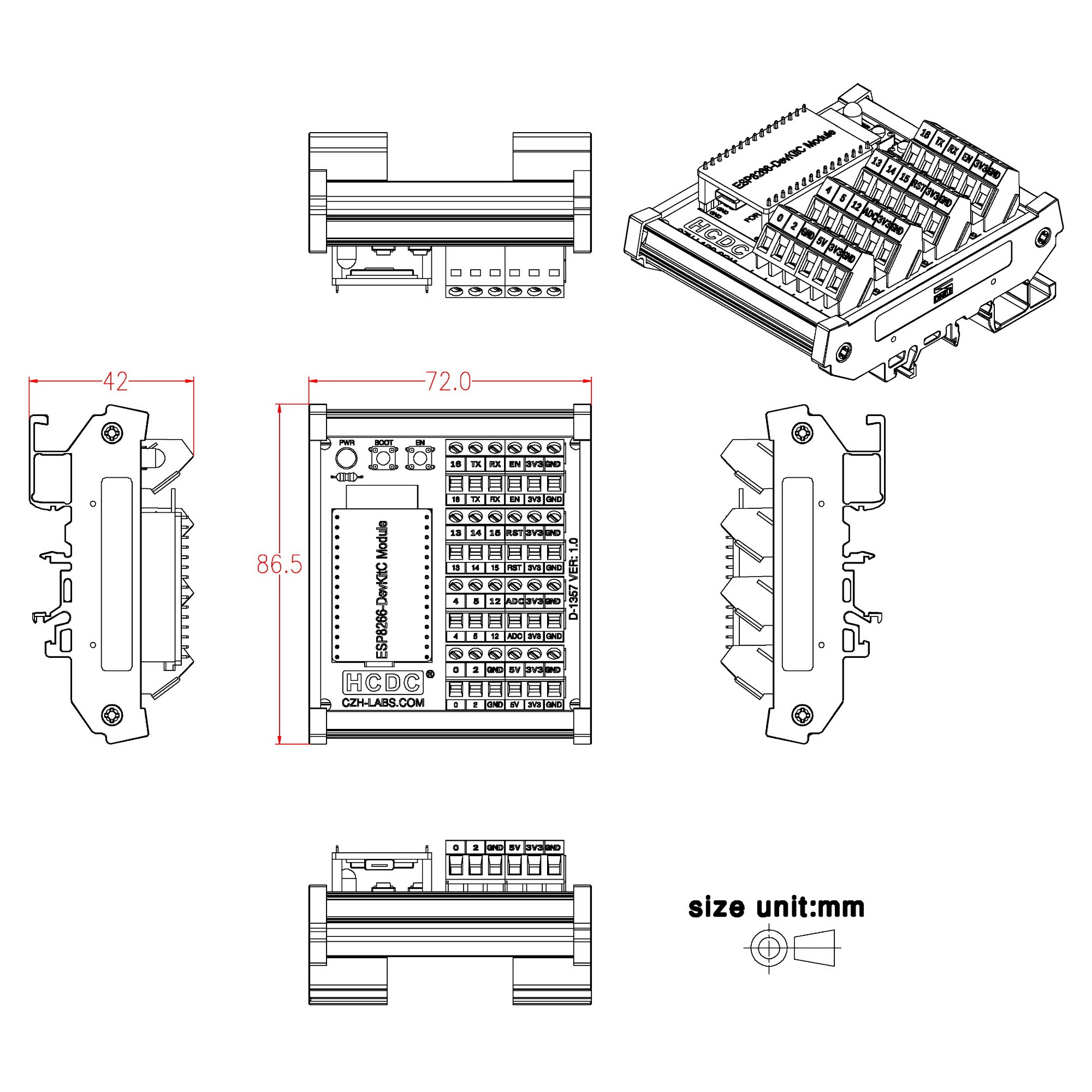 DIN Rail Mount Screw Terminal Block Breakout Module Board for ESP8266-DevKitC
