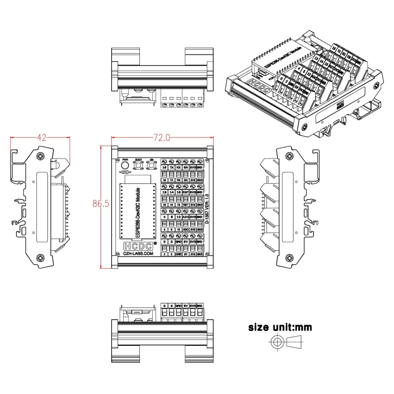 DIN Rail Mount Screw Terminal Block Breakout Module Board for ESP8266-DevKitC