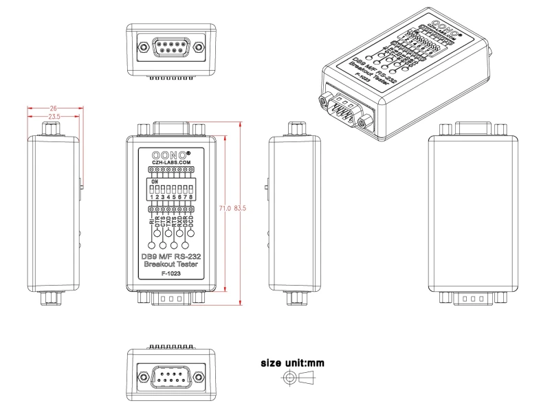 RS232 Breakout Tester LED Monitor Module, DB9 Male to Female Breakout Board