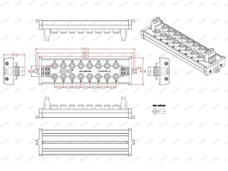 Screw Mount 2 x 8 Position Banana Jack Distribution Module, DC Power Strip