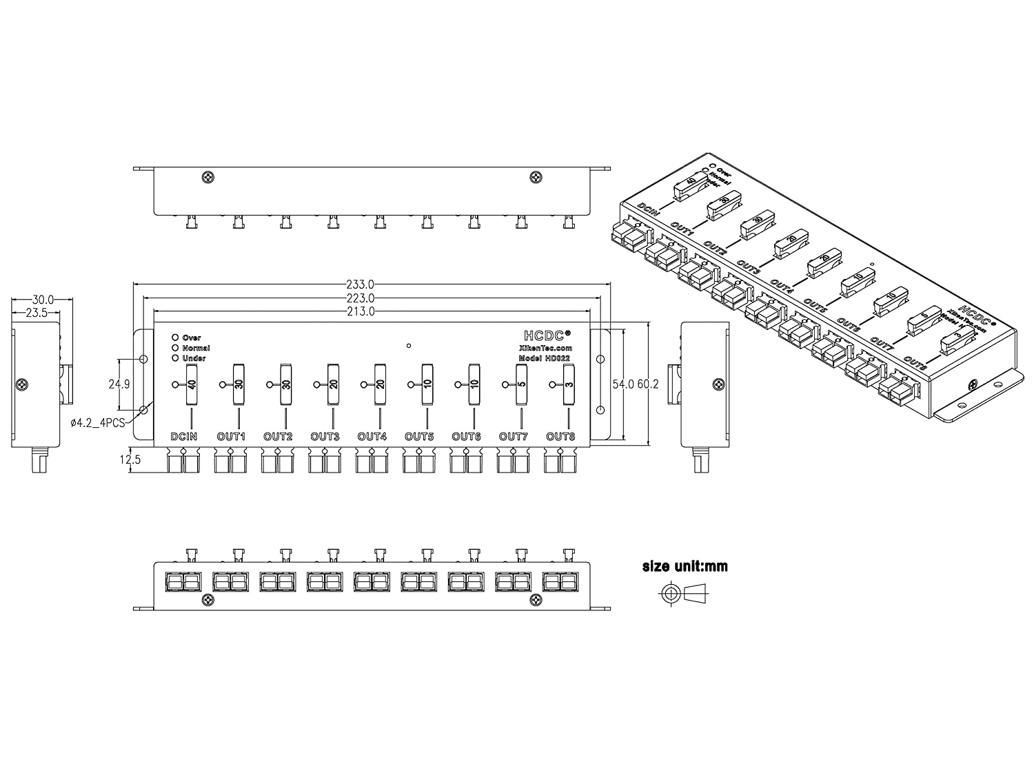 HCDC 1 in 8 Out 40A Connector DC Power Splitter Distributor Source ...