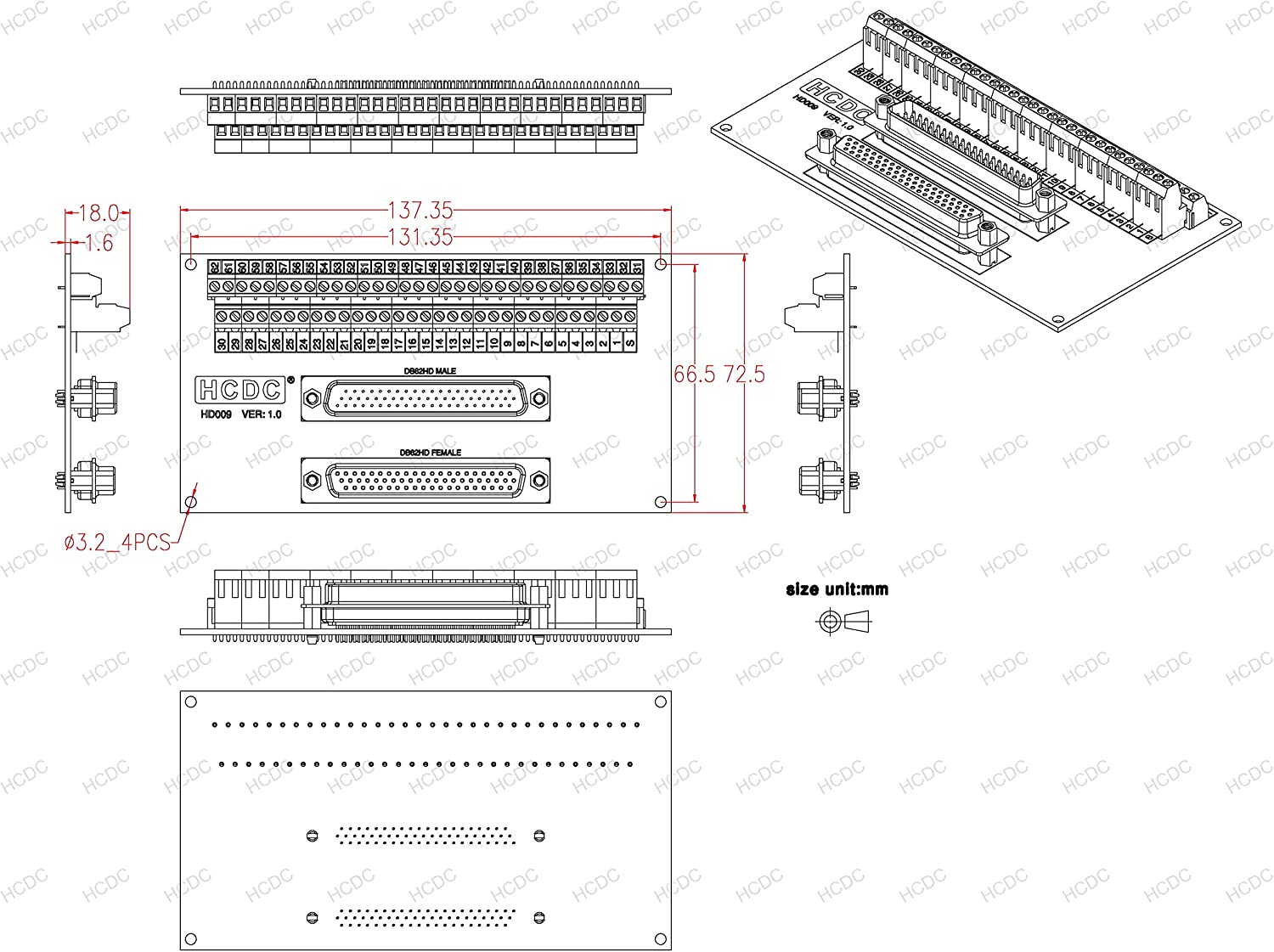 D-SUB Male-Female Breakout Board Terminal Block Interface Module (DB62HD)