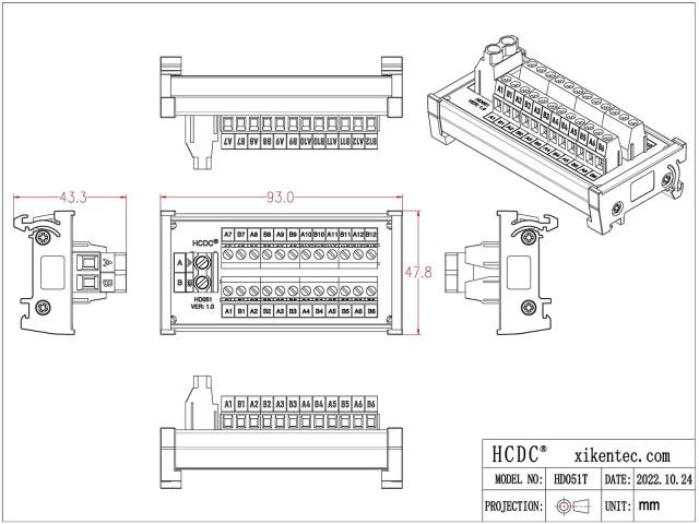 DIN Rail Mount 30Amp 48V 2x12 Position Screw Terminal Block ...