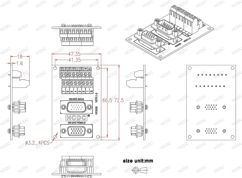 D-SUB Male-Female Breakout Board Terminal Block Interface Module (DB15HD)