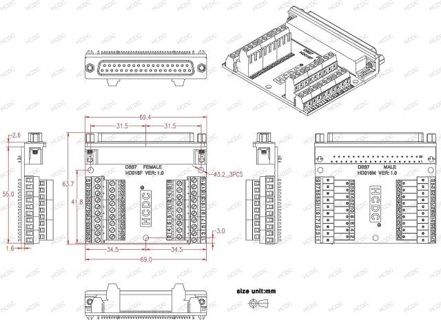 Slim Right Angle D-SUB Header Breakout Board Terminal Block DSUB ...