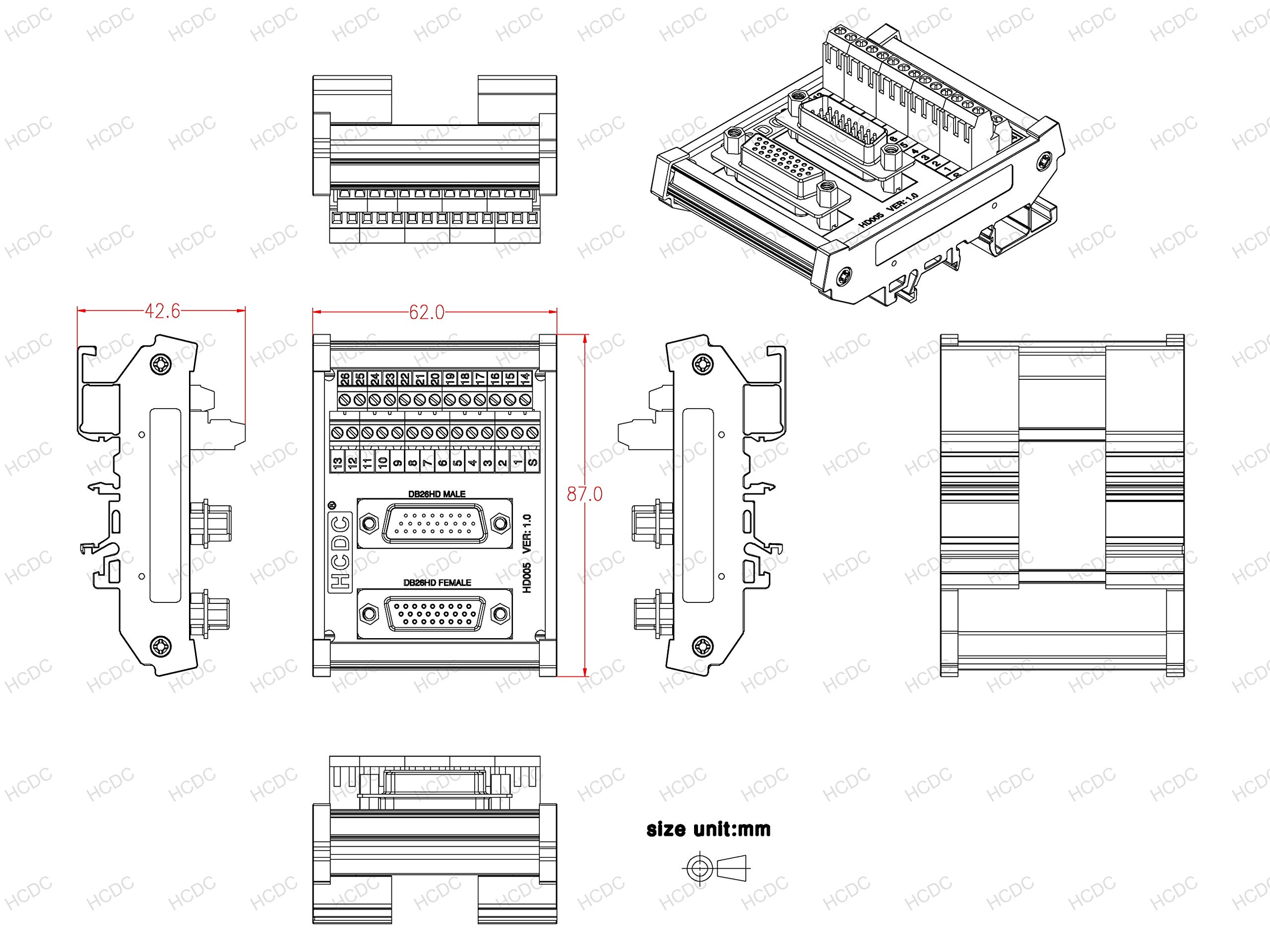 DIN Rail Mount D-SUB Male-Female Interface Module Terminal Block ...