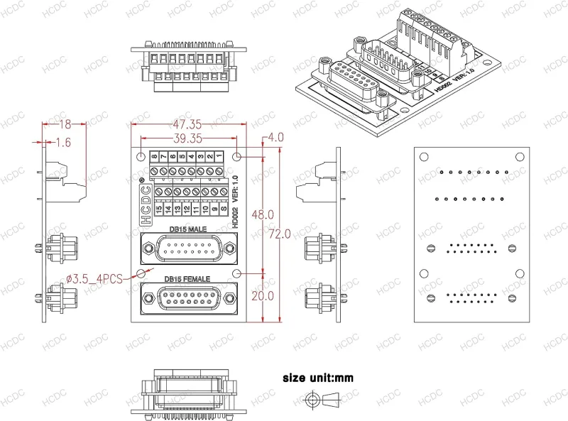 D-SUB Male-Female Breakout Board Terminal Block Interface Module (DB15)