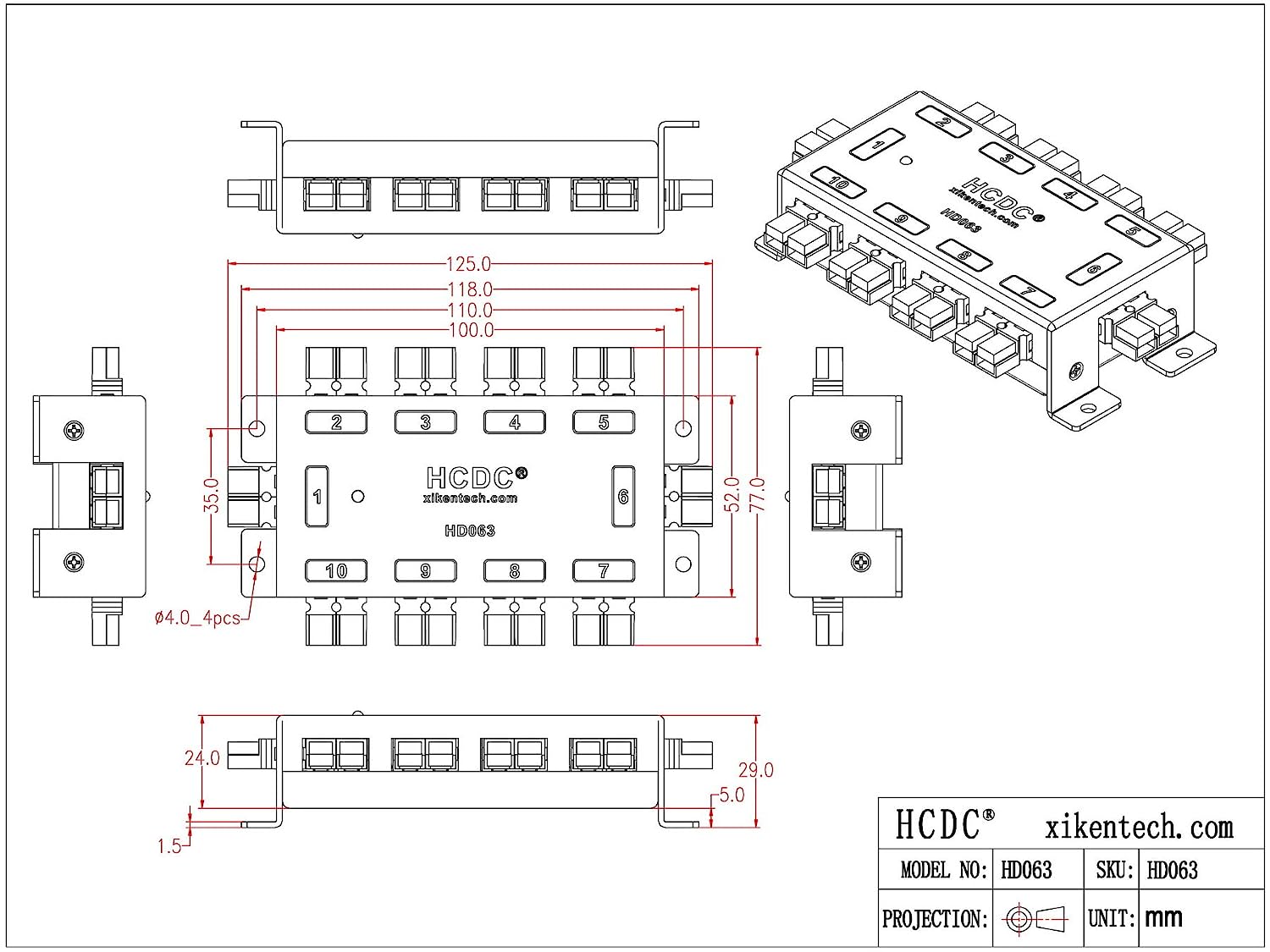 HCDC HD063 10 Position DC Power Distribution Block Module for 15/30/45A ...