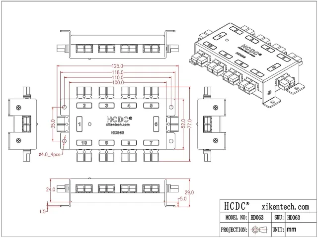 HCDC HD063 10 Position DC Power Distribution Block Module for 15/30/45A ...