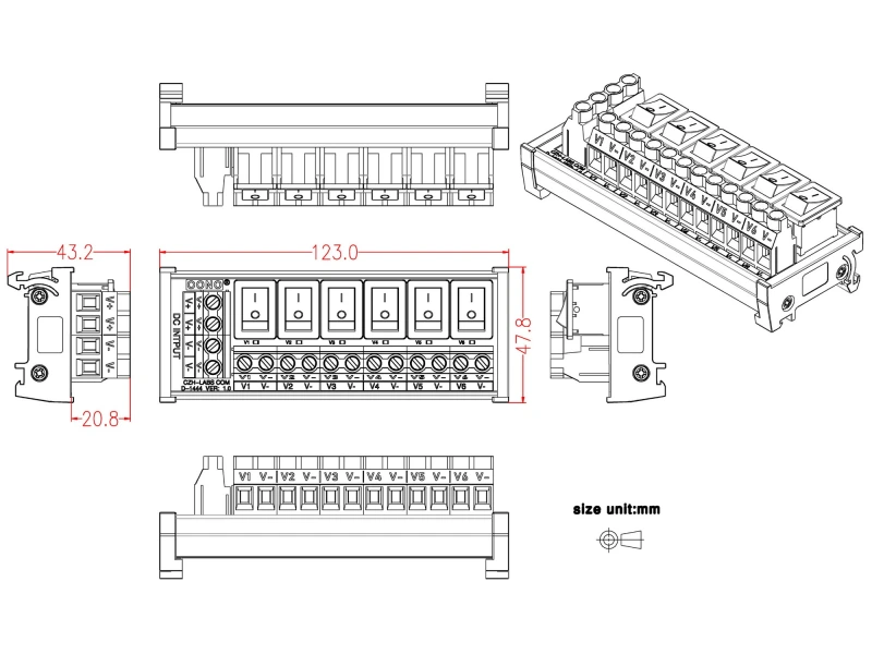 DIN Rail Mount 6 Channel Rocker Switch DC Power Distribution Strip Module