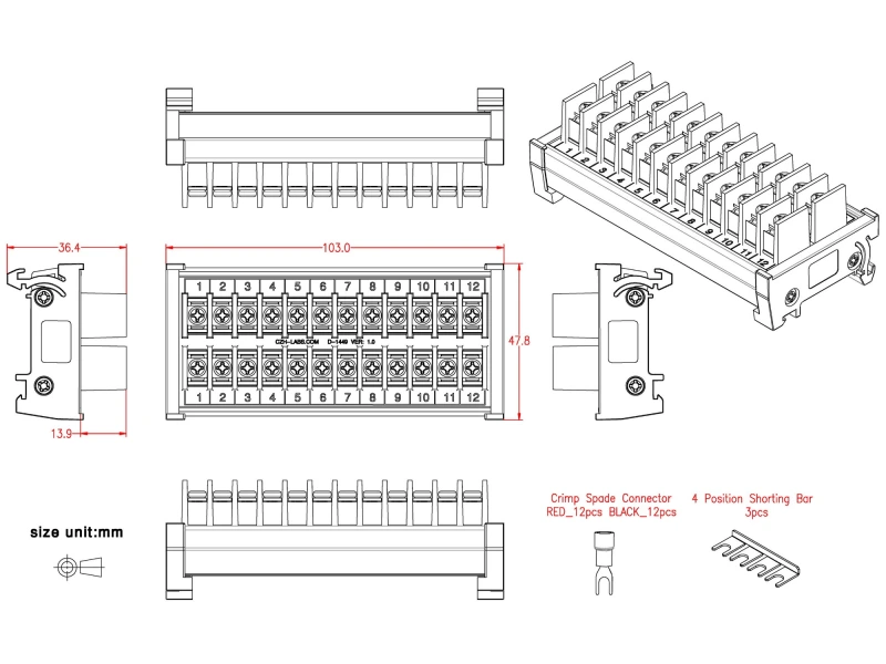 DIN Rail Mount 20Amp 2x12 Position Barrier Terminal Block Module