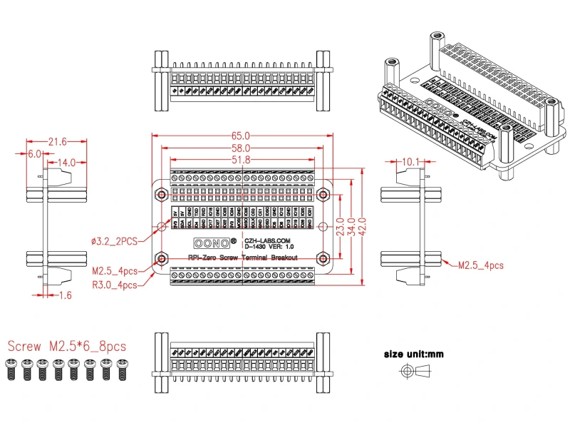 Ultra-small RPi Zero Terminal Block Breakout Board Module, for ...