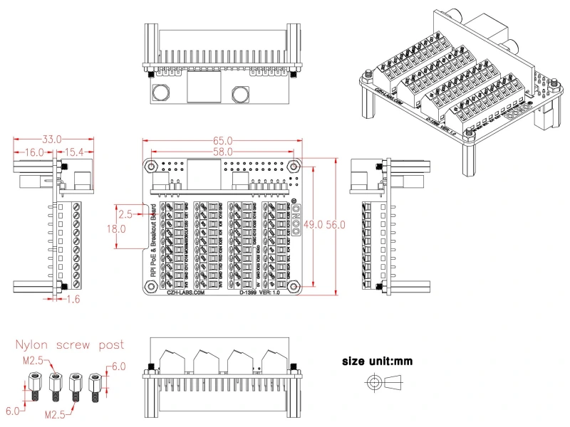 RPi PoE & Terminal Block GPIO Breakout Board Module for Raspberry Pi