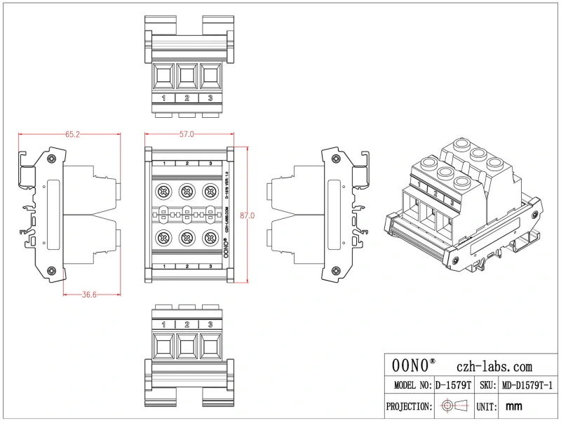DIN Rail Mount 90Amp 600V 3 Position Screw Terminal Block Distribution ...