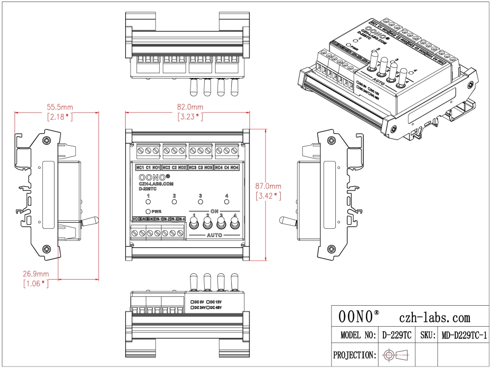 DC48V 4 Channel SPDT 10 Amp Power Relay Module, DIN Rail Mount, with ...