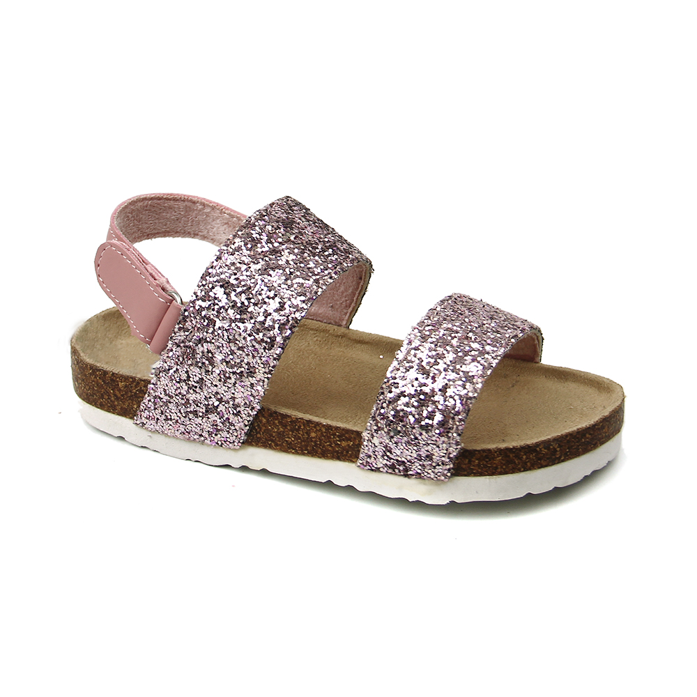 custom fashion pink shinny glitter flat beach wedge casual kids sandals ...