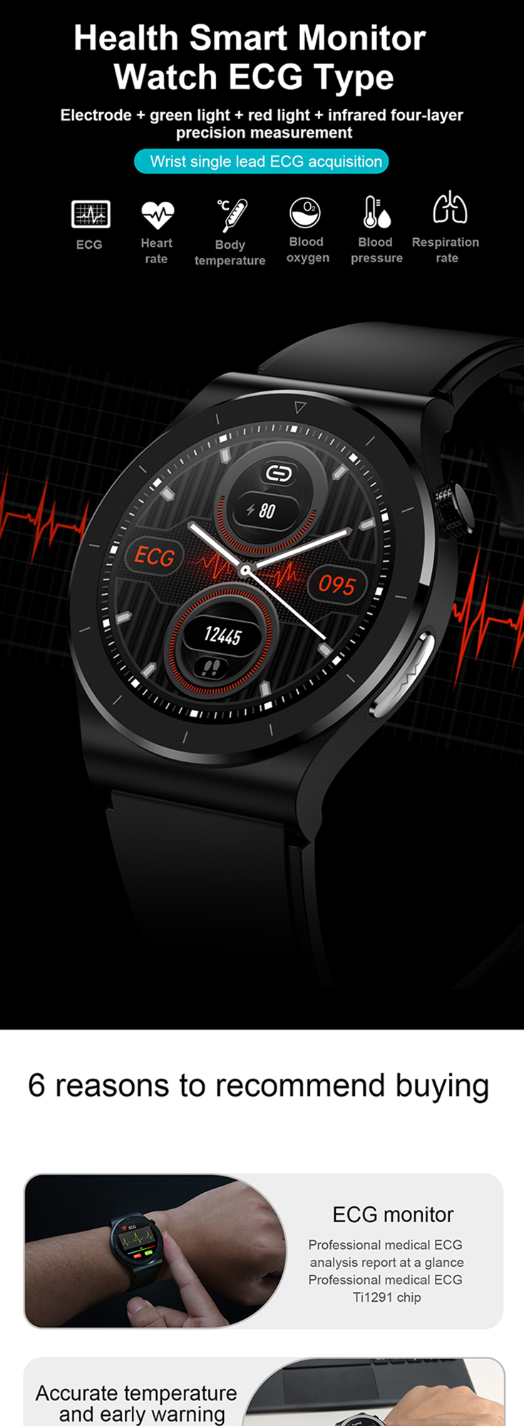 Hot ECG body temperature blood oxygen pressure heart rate IP68 ...