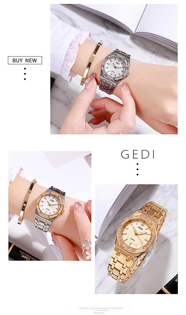 GEDI Luxury Textured Diamond Inlaid Dial Steel Band Luminous Waterproof ...
