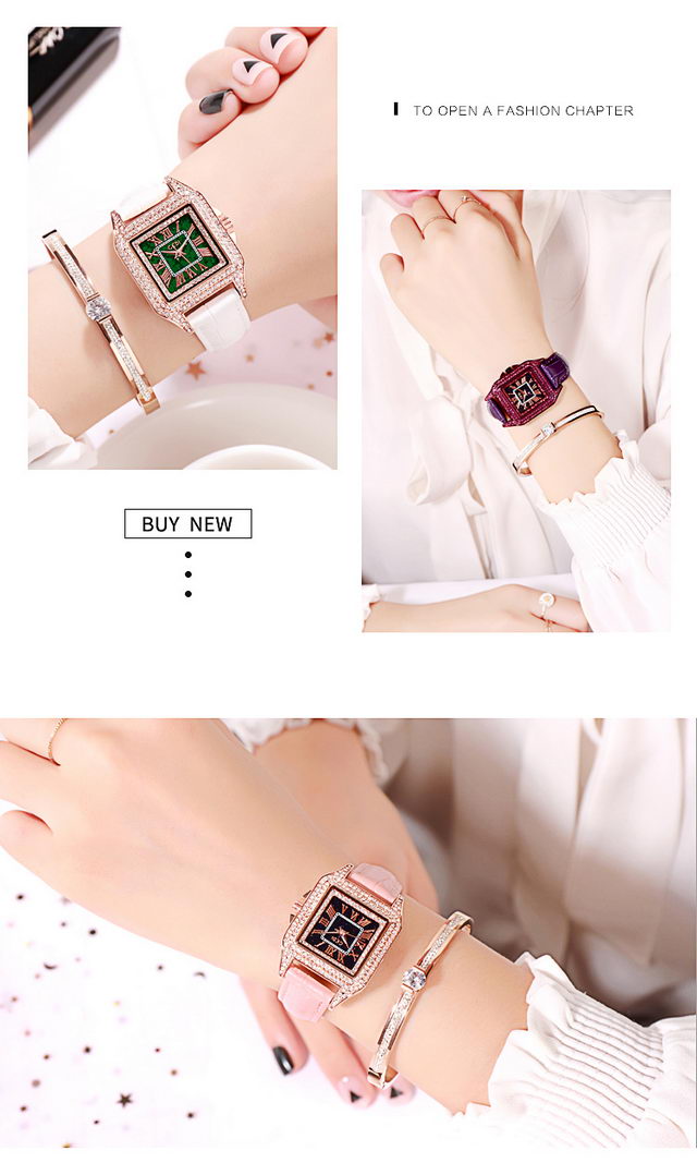 GEDI Diamond Inlaid Roman Scale Square Dial Retro Elegant Leather Strap ...