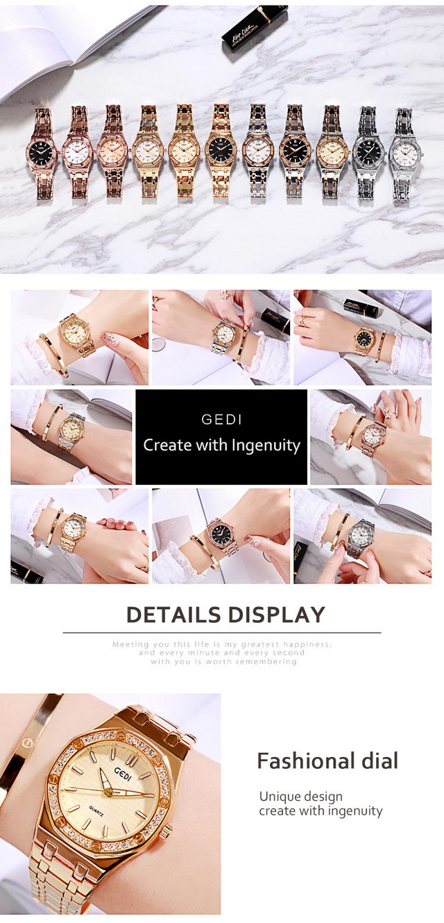 GEDI Luxury Textured Diamond Inlaid Dial Steel Band Luminous Waterproof ...