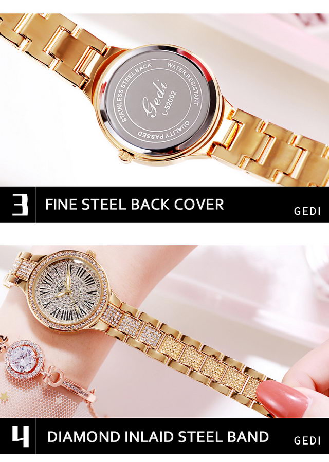 GEDI Luxury Diamond Inlaid Dial Fashion Steel Band Waterproof Quartz ...