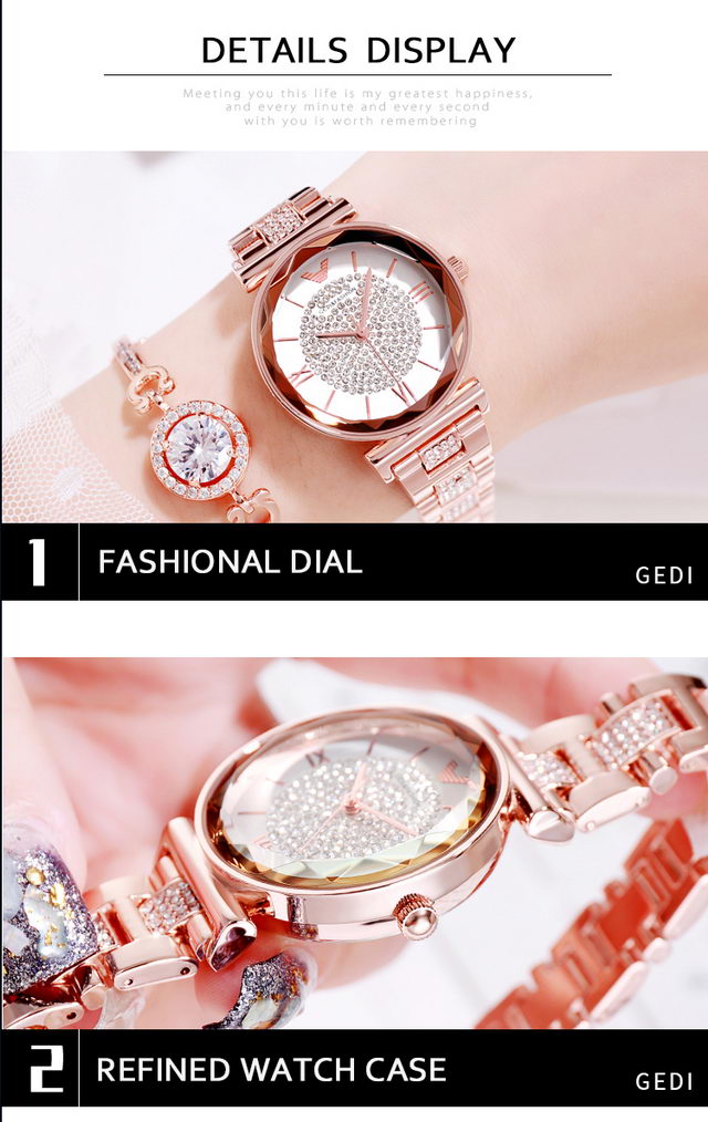 GEDI Roman Scale Elegant Diamond Inlaid Dial Fashion Steel Band ...