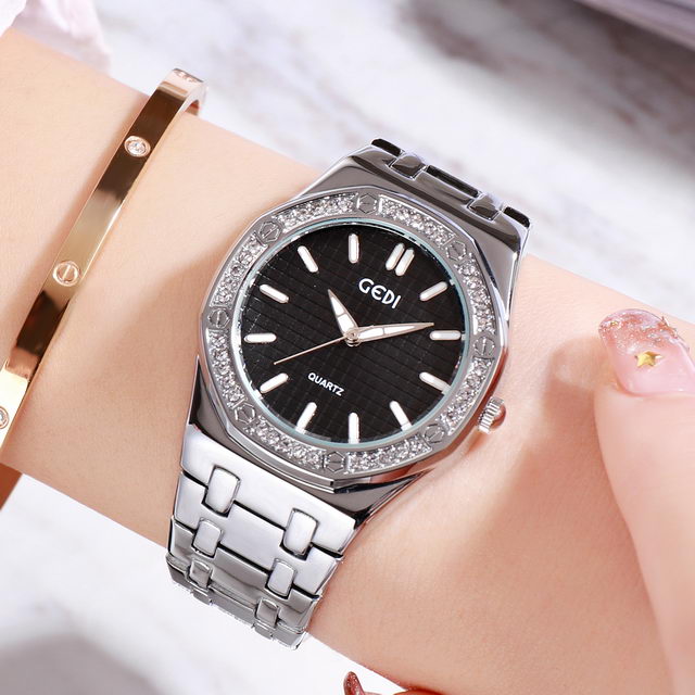 GEDI Luxury Textured Diamond Inlaid Dial Steel Band Luminous Waterproof ...