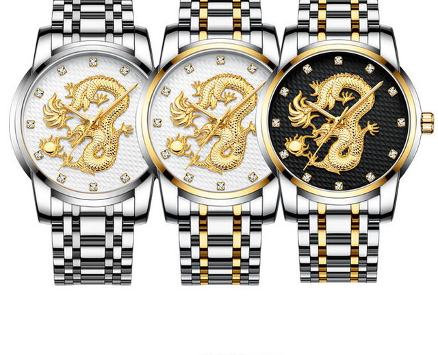 OLIKA Stereo Gold Dragon Carving Dial Luxury Diamond Scale Steel Strap ...