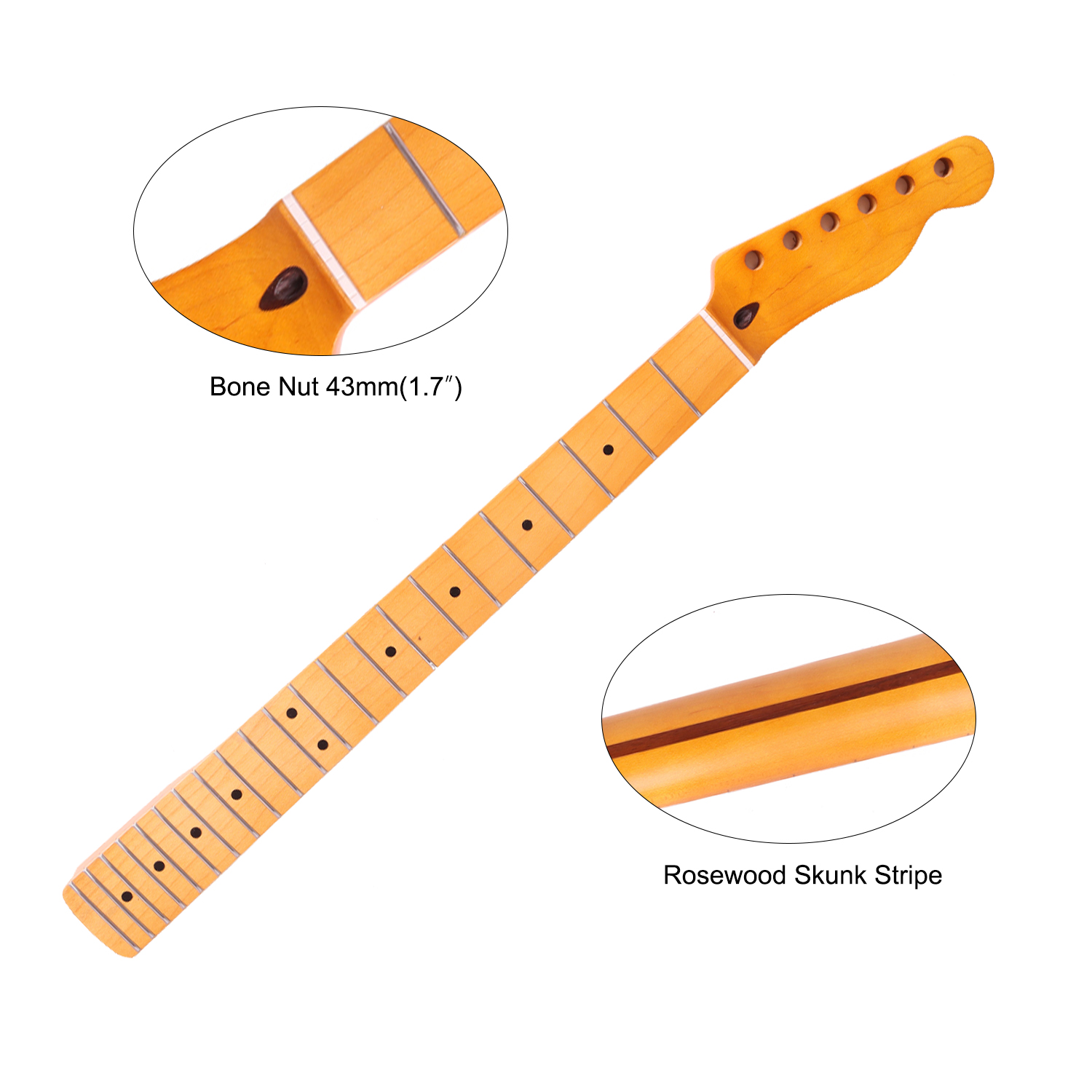 Telecaster Guitar Neck Maple Neck 12" Radius 10 mm Holes 22 Frets Satin ...