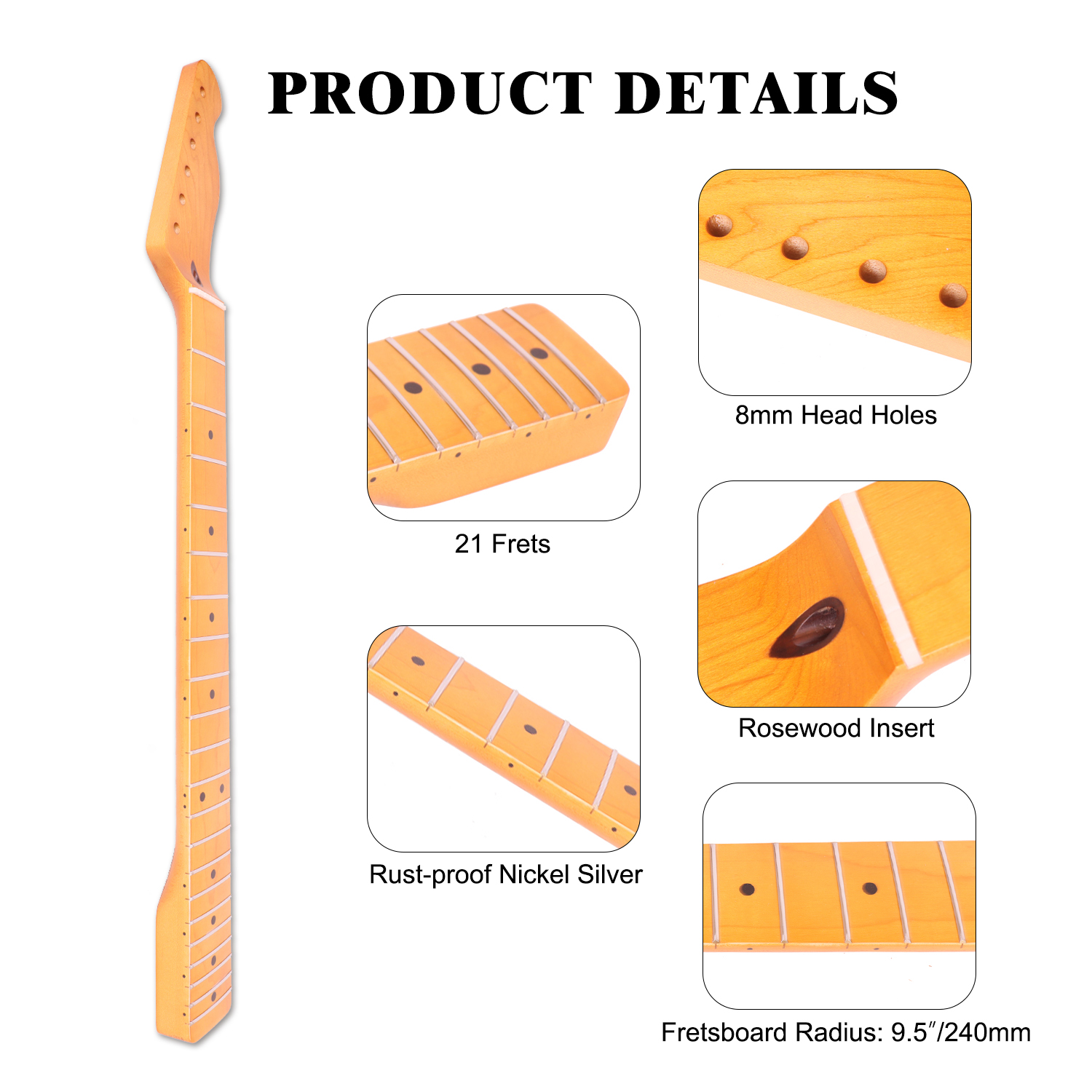 Telecaster Guitar Neck Maple Neck 9.5" Radius 8 mm Holes 21 Frets Satin ...