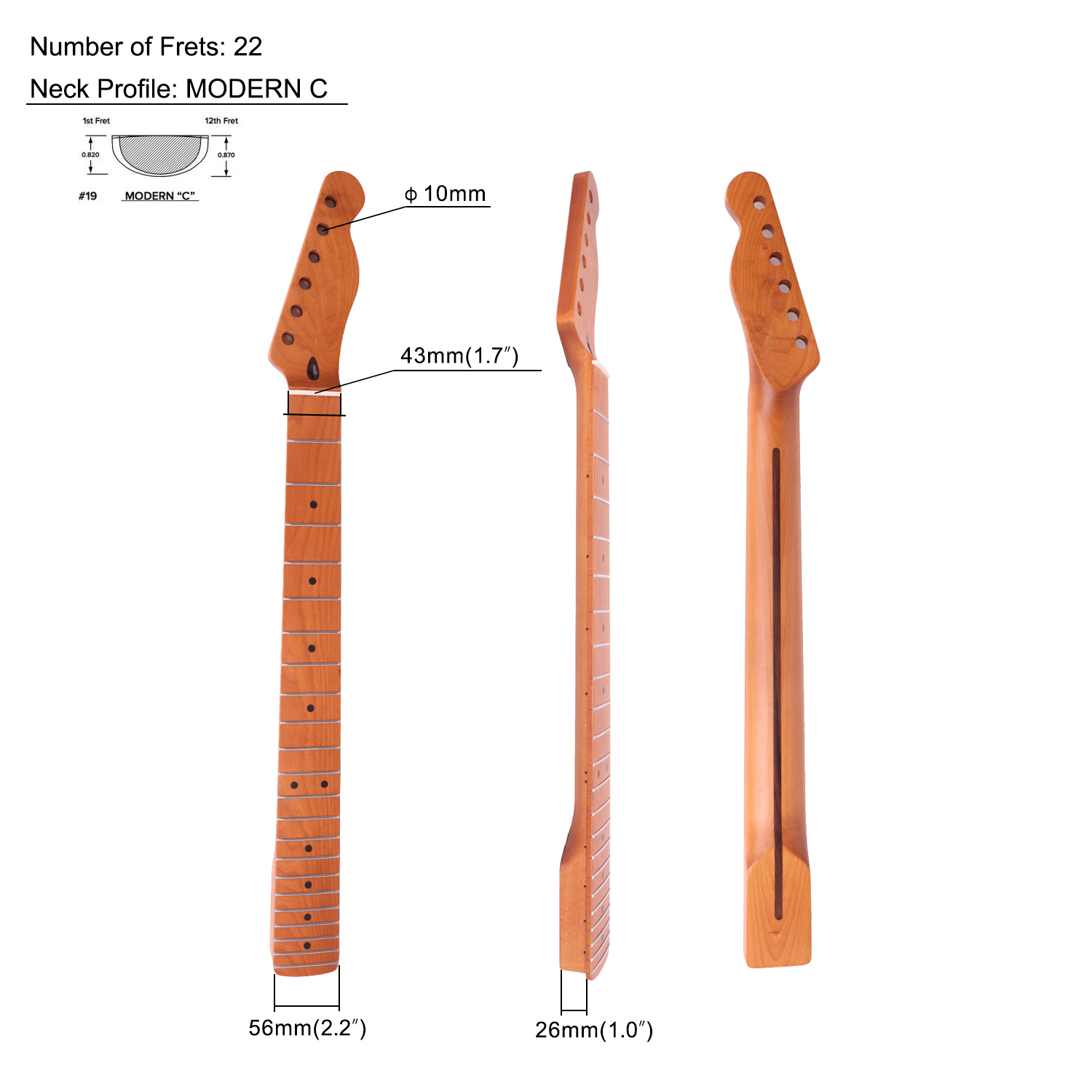 Telecaster Guitar Neck Rosted Maple Neck 12" Radius 10 mm Holes 22 ...