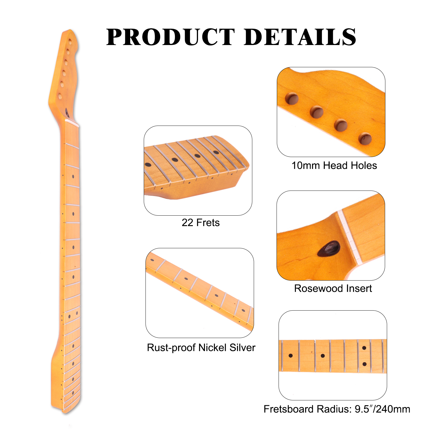 Telecaster Guitar Neck Maple Neck 9.5" Radius 10 mm Holes 22 Frets ...