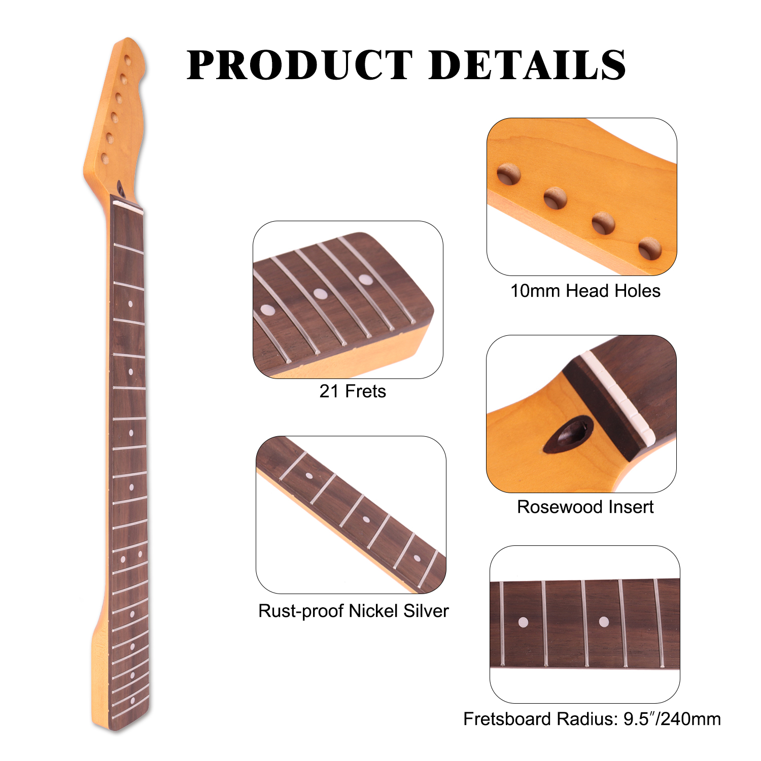 Telecaster Guitar Neck Rosewood Fretboard Maple Neck 9.5" Radius 10 mm ...