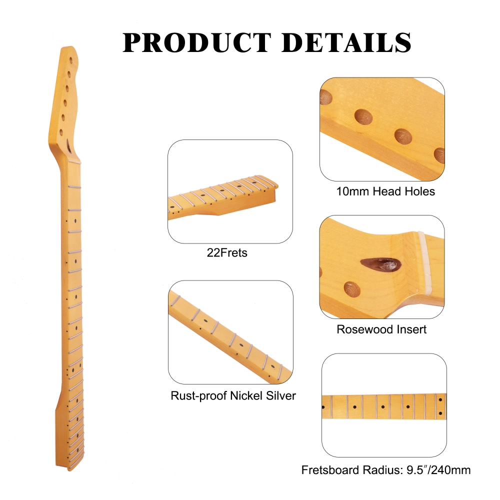 Premium Telecaster Guitar Neck Maple Neck 9.5" Radius 10 mm Holes 22 ...