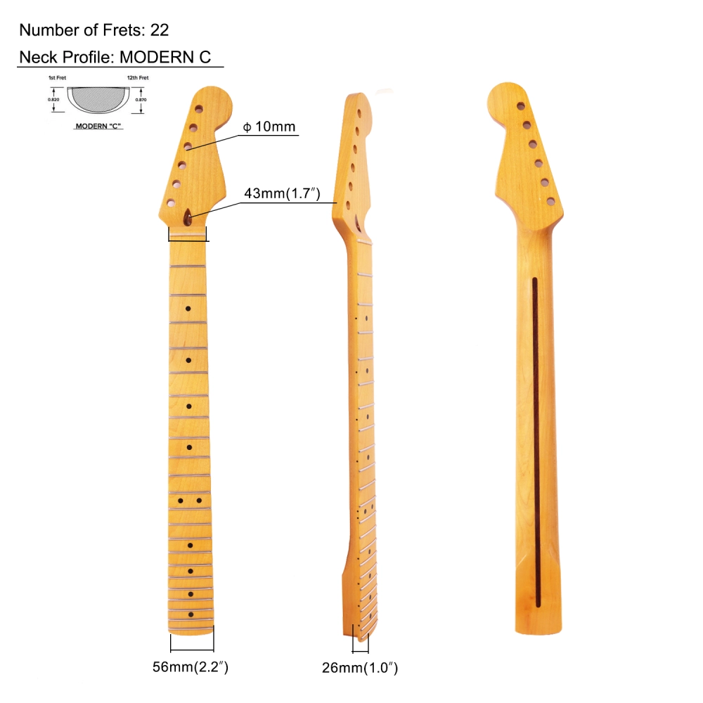 Premium Stratocaster Guitar Neck Maple Neck 9.5" Radius 10 mm Holes 22 ...