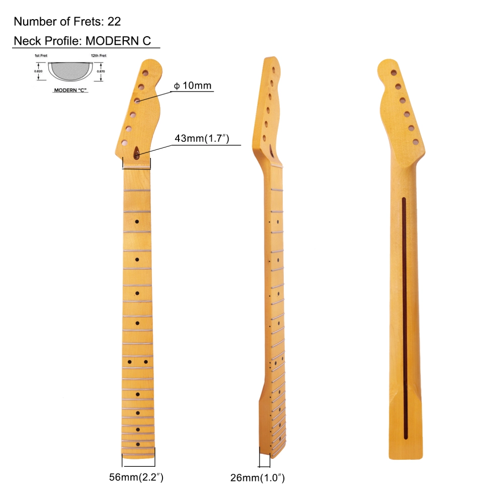 Premium Telecaster Guitar Neck Maple Neck 9.5" Radius 10 mm Holes 22 ...