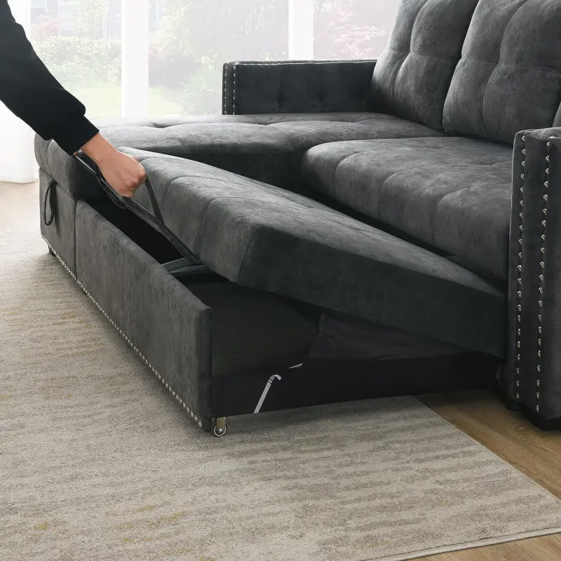 Velvet Sectional Sofa Bed with Storage and Pull Out Bed in Black
