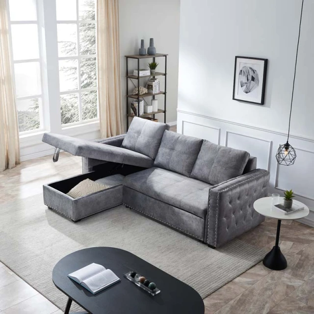 Velvet Sleeper Sofa Sectional Sofa Bed with Storage in Gray