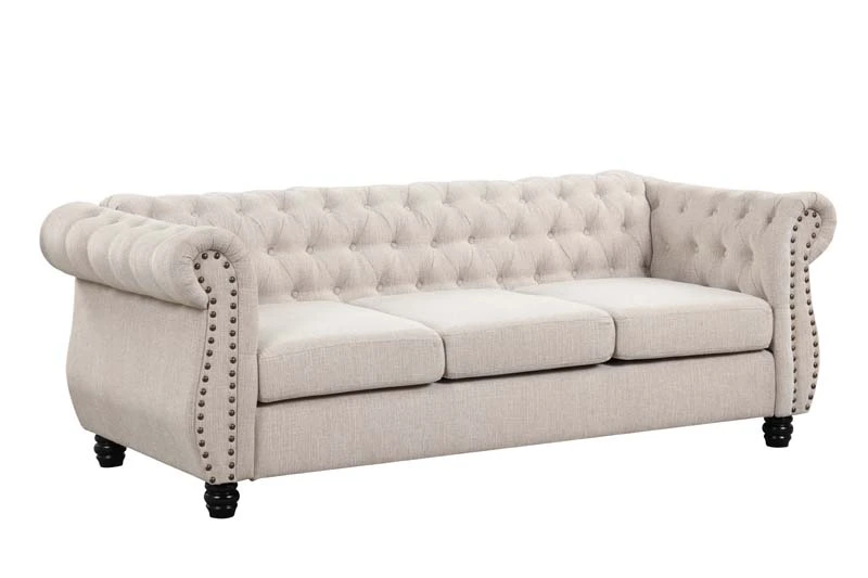 Linen Chesterfield Sofa Set With Roll Arms