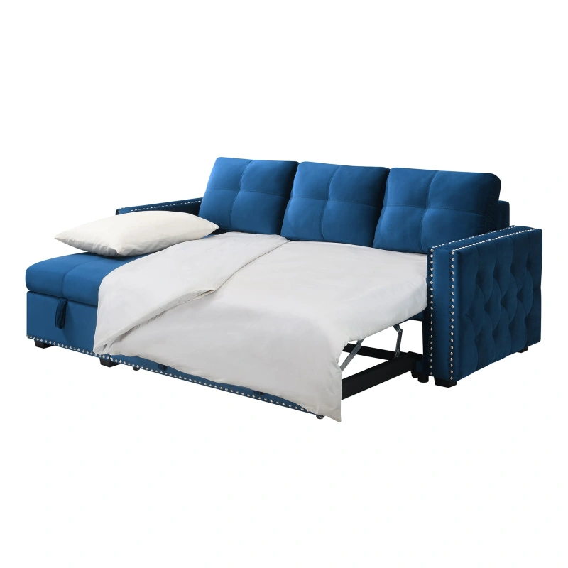 Velvet Sectional Sofa Bed with Storage and Pull Out Bed in Blue