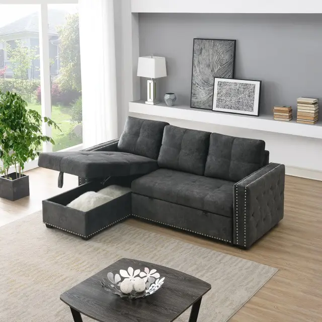 Velvet Sectional Sofa Bed with Storage and Pull Out Bed in Black