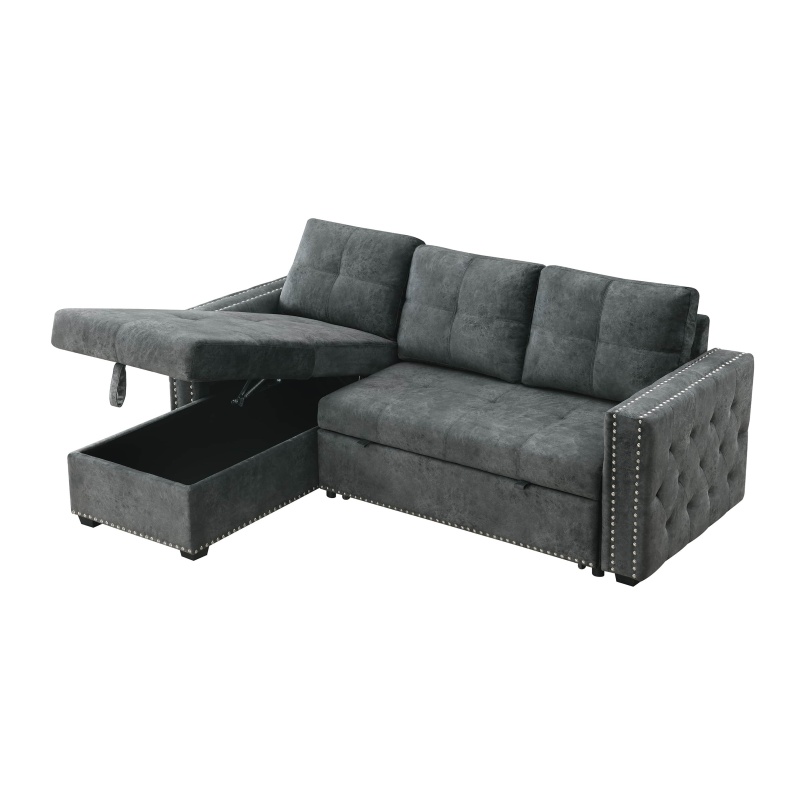 Velvet Sectional Sofa Bed with Storage and Pull Out Bed in Black