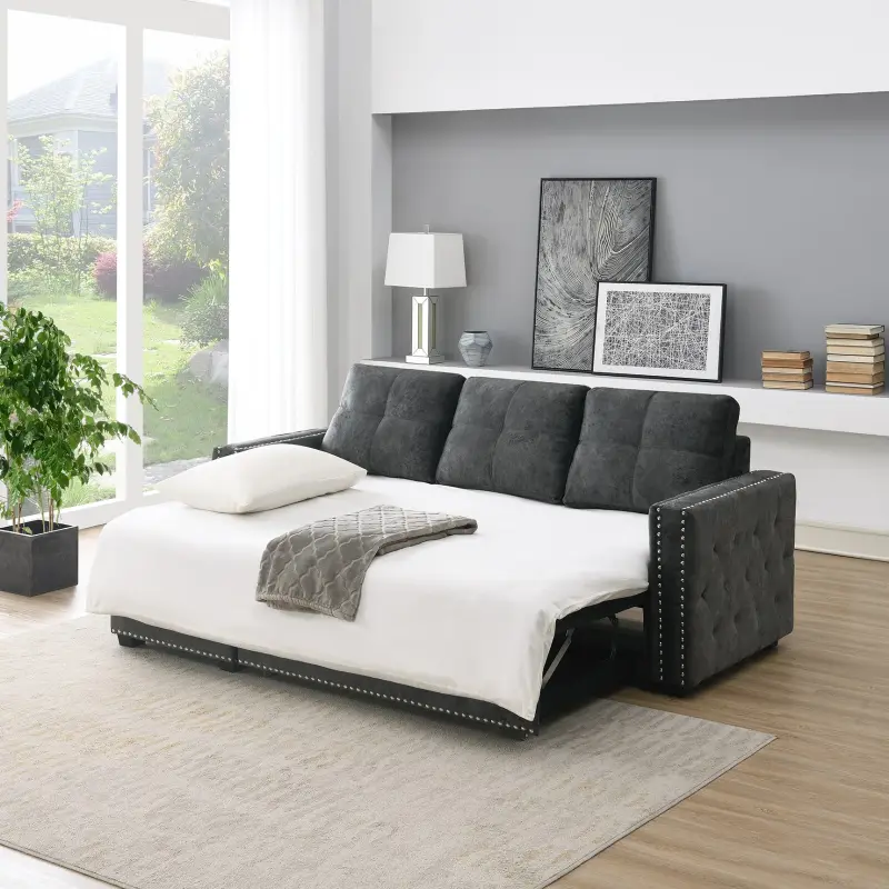 Velvet Sectional Sofa Bed with Storage and Pull Out Bed in Black